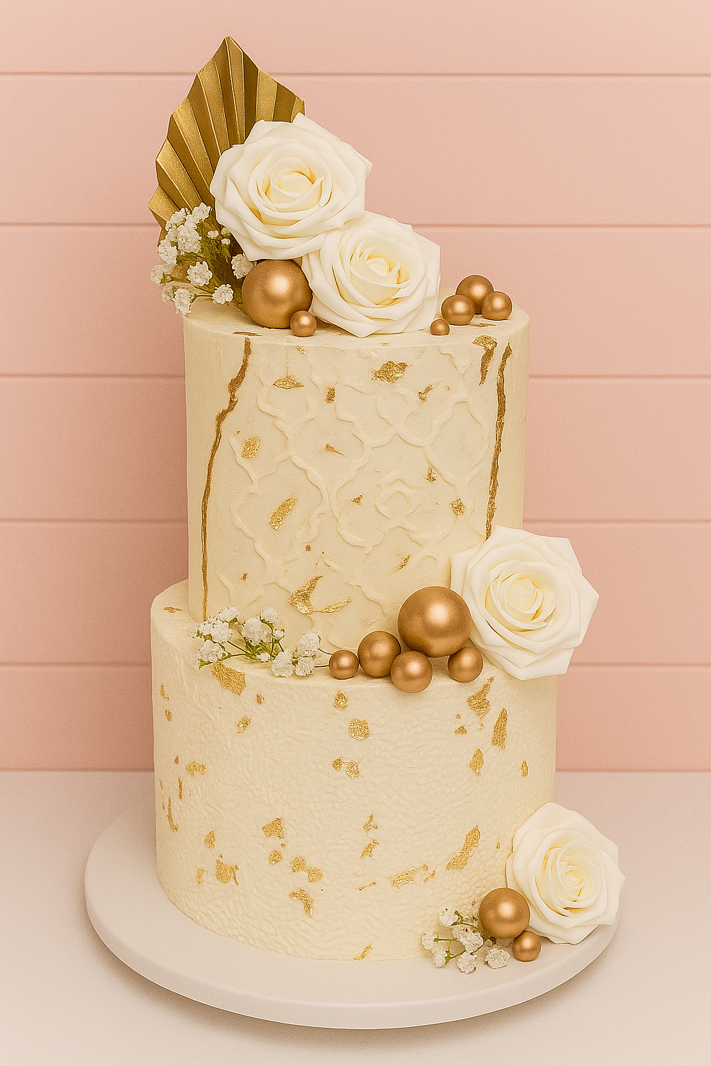 Gâteau ivoire & or – 2 étages, motifs orientaux, roses et feuille d’or ...